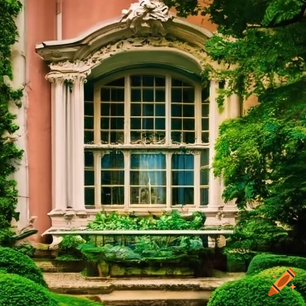 Elegant rococo stucco entrance in a leafy garden on Craiyon