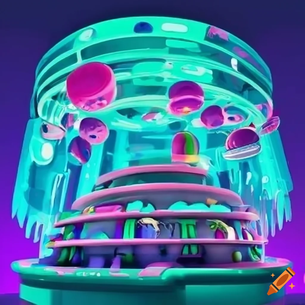 Image of a futuristic kidcore food factory on Craiyon