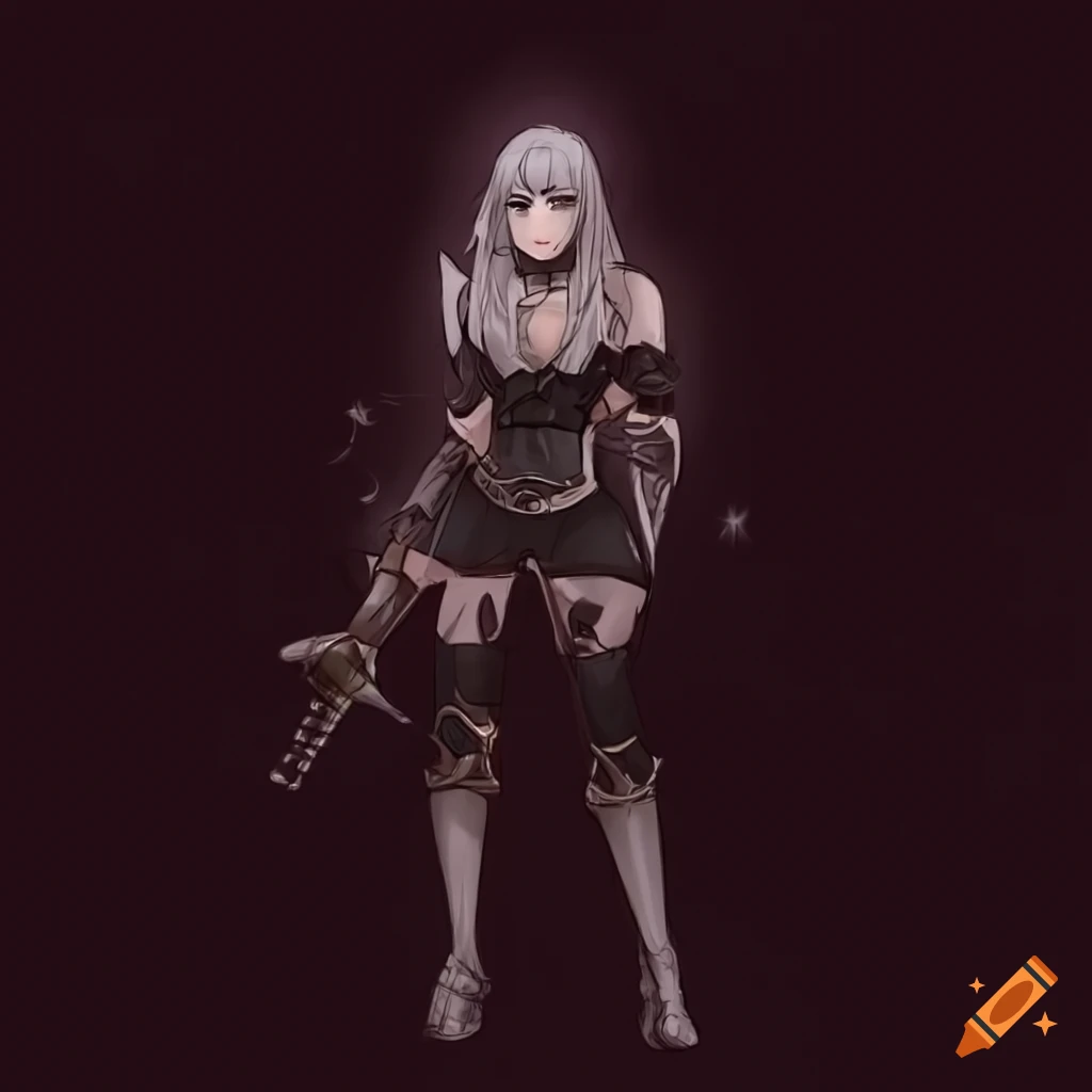 Anime art of a female goth paladin in action pose
