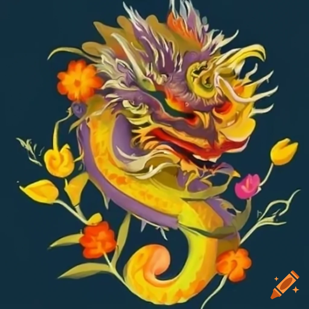 Yellow japanese style dragon surrounded by flowers