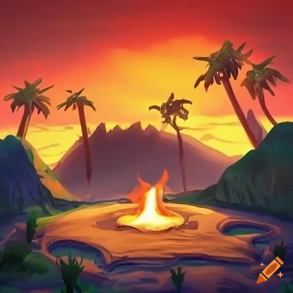 Animated island with boys around a fire