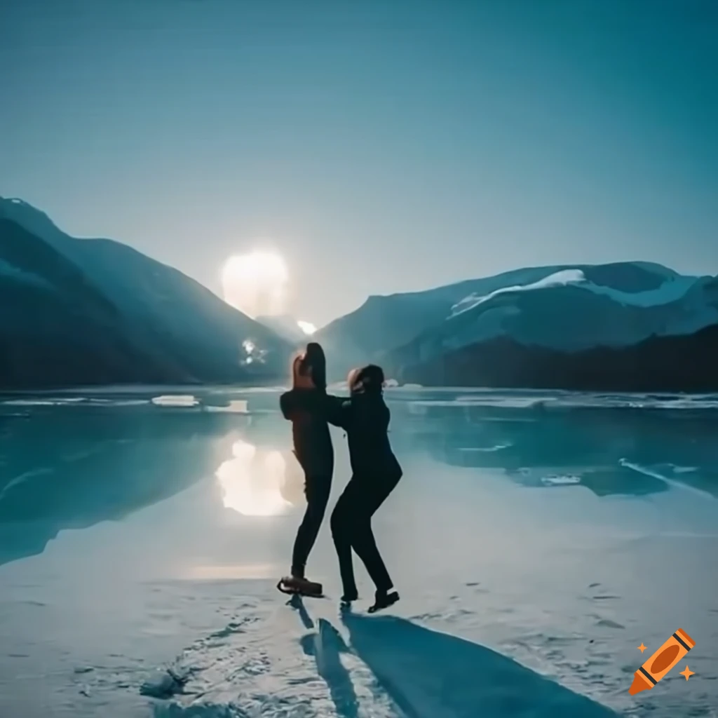 Couple dancing on frozen lake with mountain backdrop on Craiyon