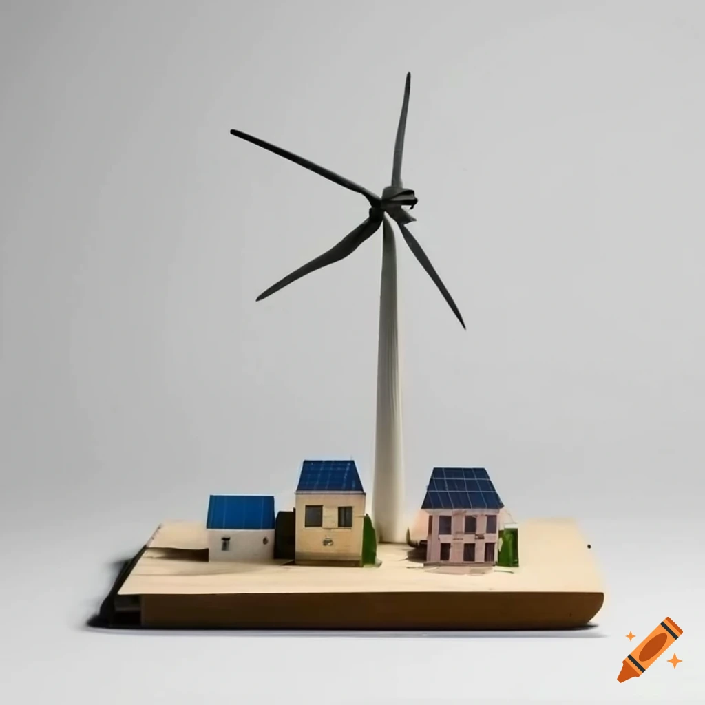 Model of a sustainable town with wind turbine and solar panels on Craiyon