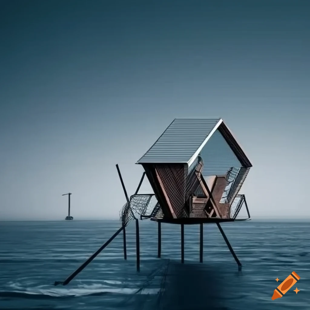 Technical drawing of a minimalist living pod with unique landing stilts ...