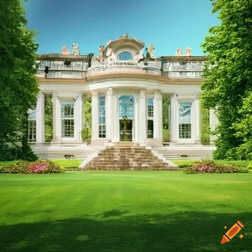 Beautiful high baroque garden with white baroque house on Craiyon