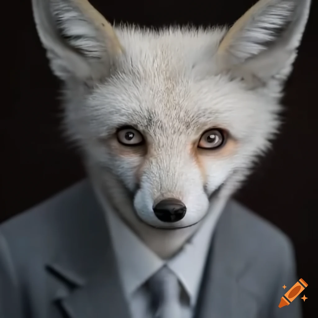 White fox wearing a grey suit on Craiyon