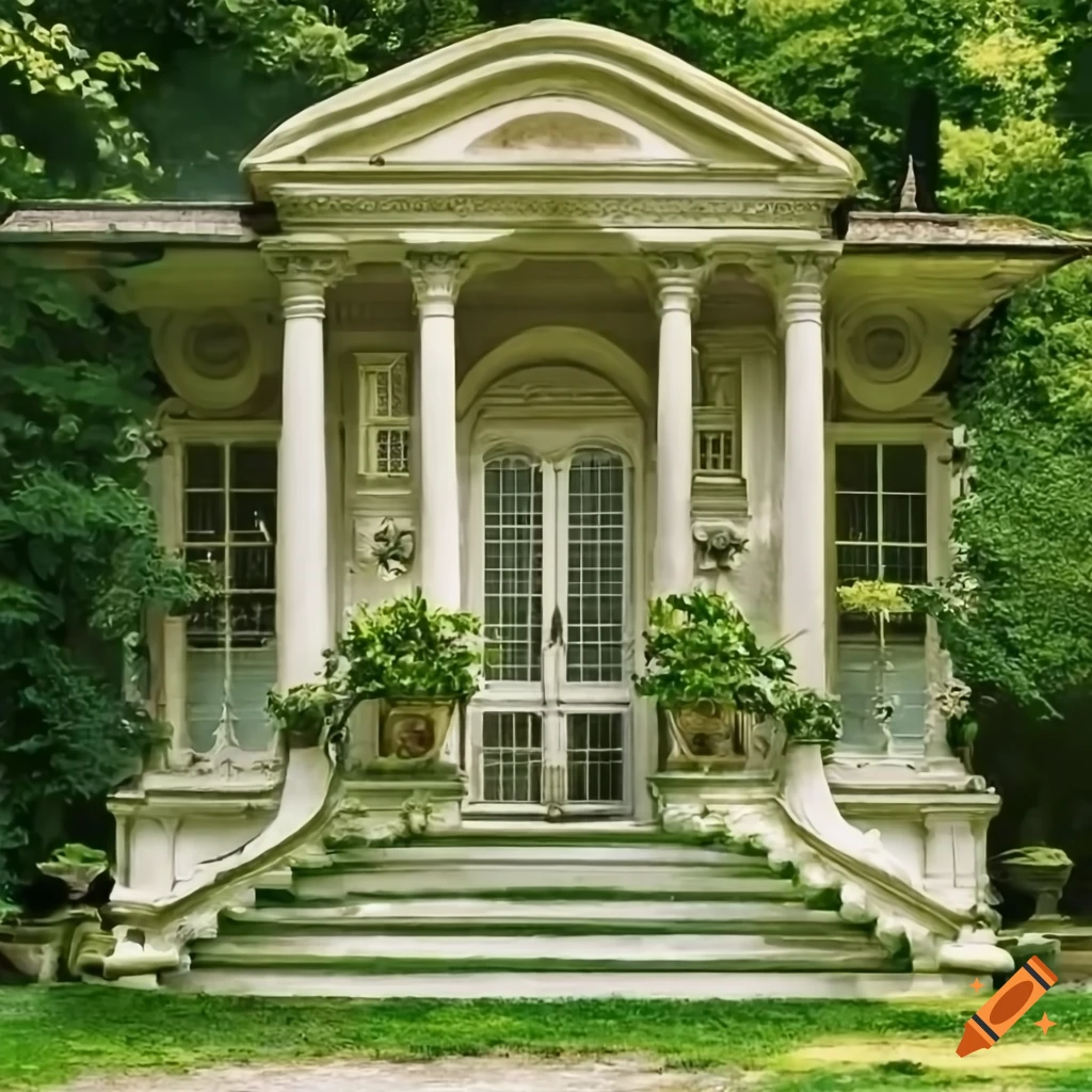Rococo stucco entrance to a classical house surrounded by a leafy ...