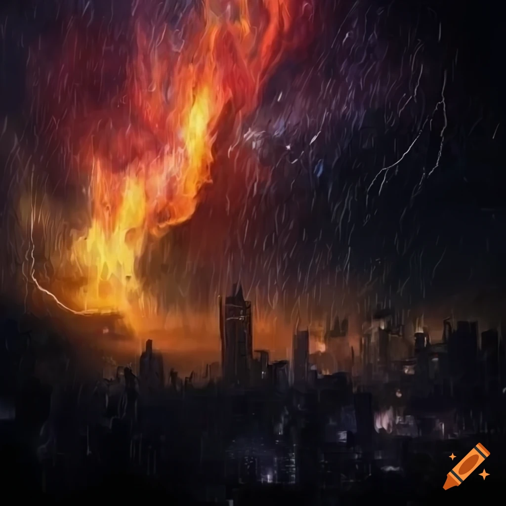 City burning in rain storm at night with starry sky on Craiyon