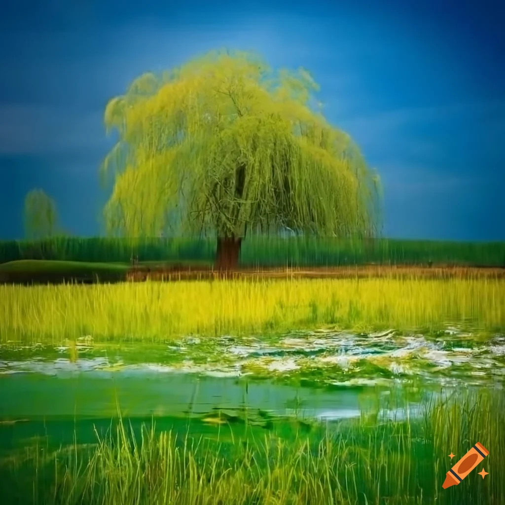 A serene meadow with a willow tree and flowing creek