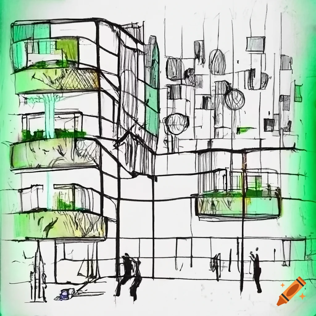 Sketch of a circular economy commercial building on Craiyon