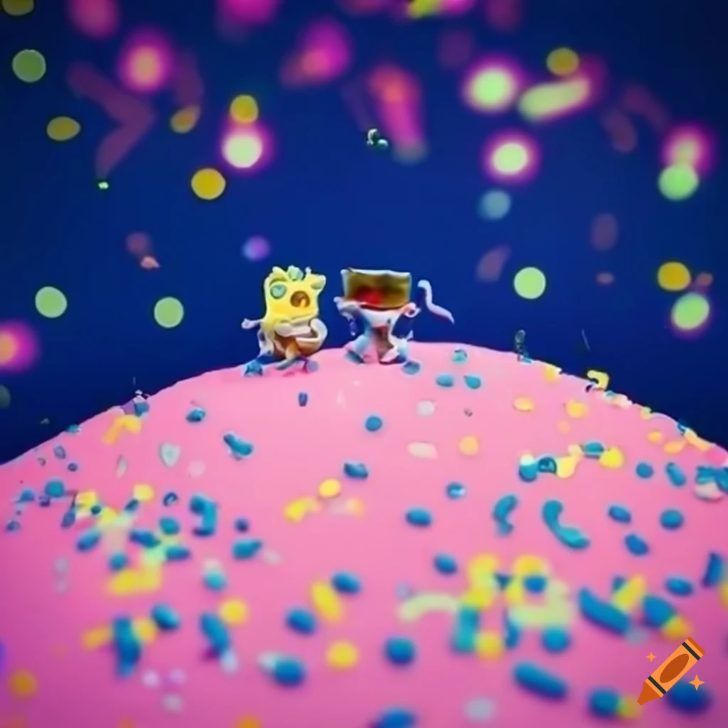 Artistic depiction of a cyber world with SpongeBob and confetti on Craiyon