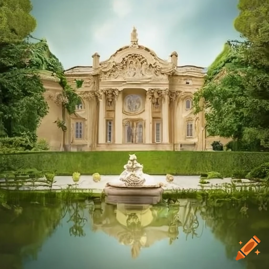Rococo stucco entrance on a classical building with a garden on Craiyon