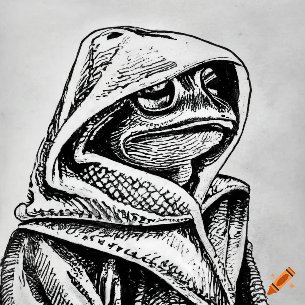Close up of a serious frog wearing a hood