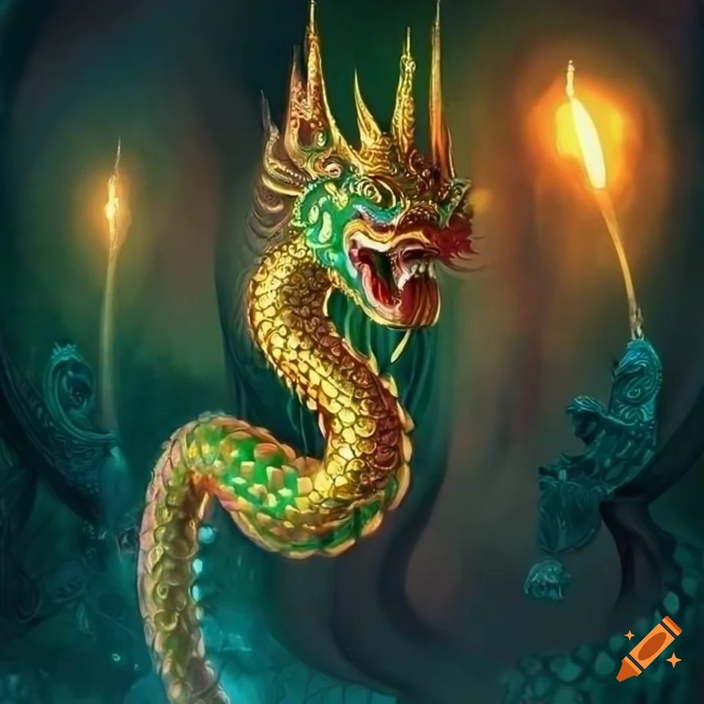 Intricate artwork of a green and gold thai naga