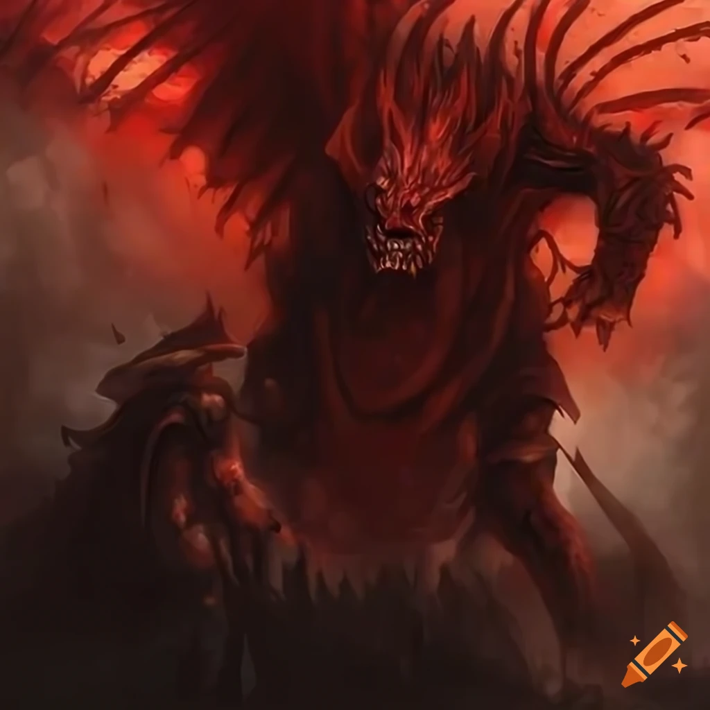 Art of a red armored beast in the fog