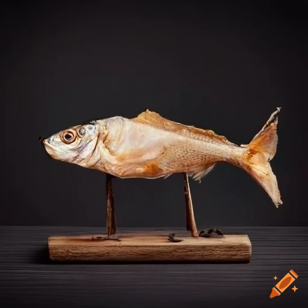Artistic display of a small dried fish on a wooden board on Craiyon
