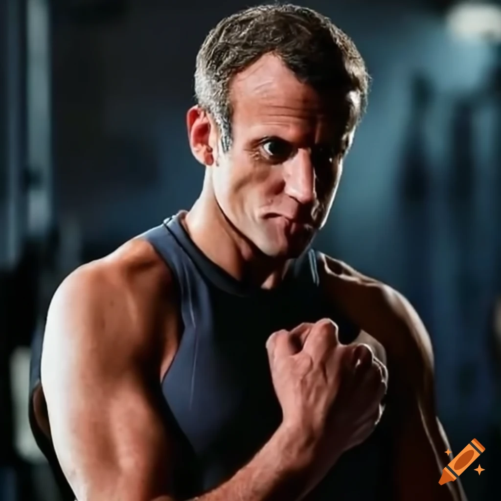 Satirical image of emmanuel macron working out on Craiyon