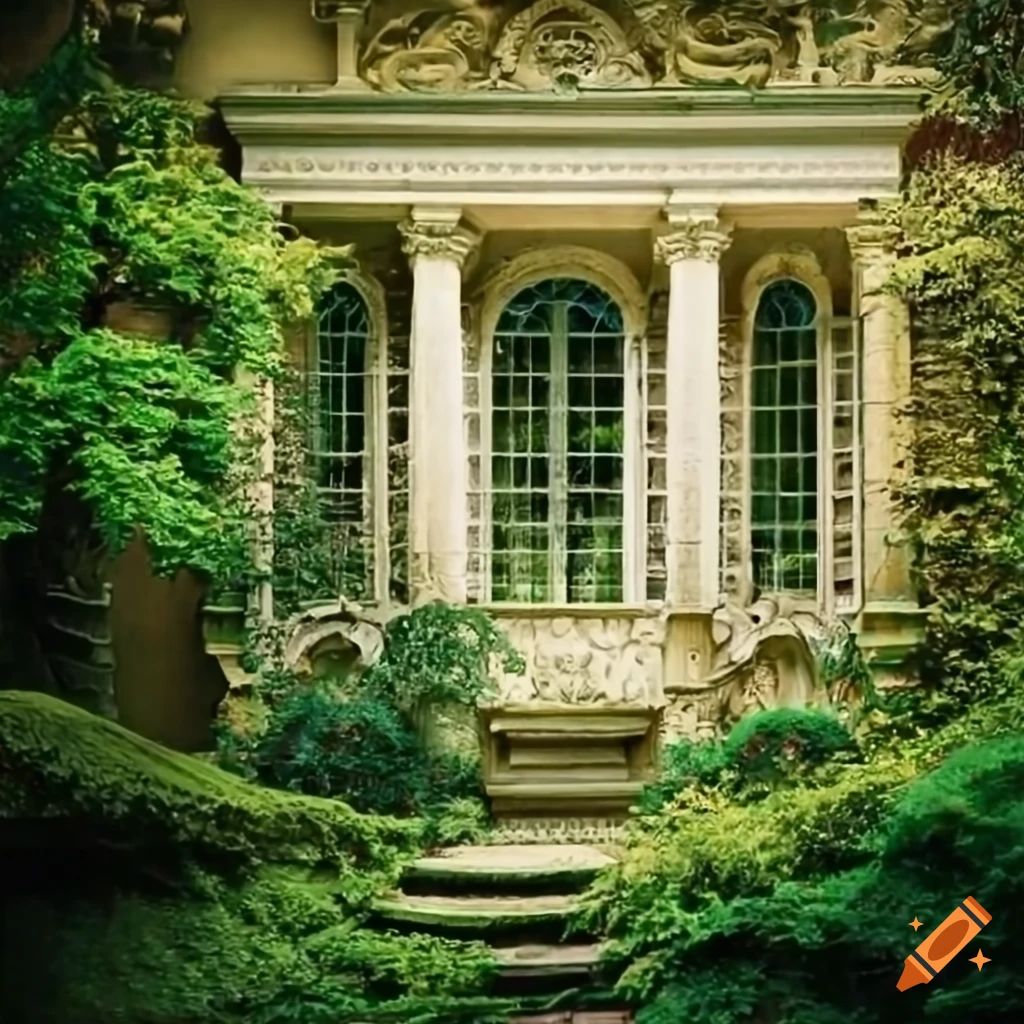 Rococo stucco entrance with garden and pond view on Craiyon
