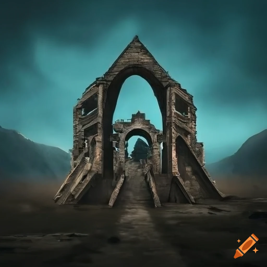 Surreal architectural ruins in a desolate landscape