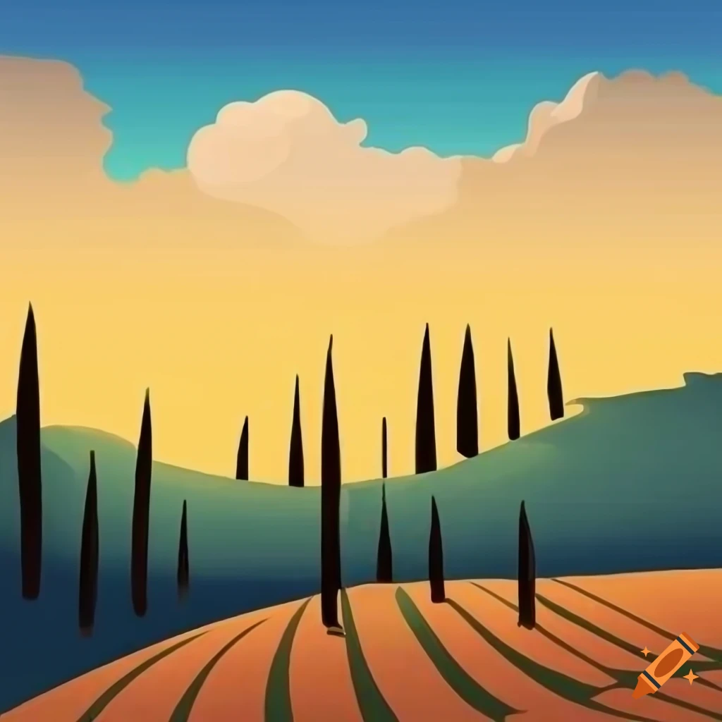 Cartoon artwork of a Tuscany landscape on Craiyon