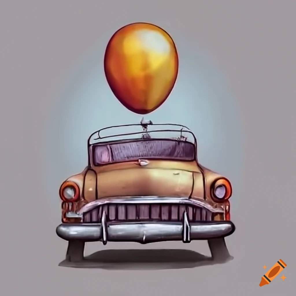 Artistic representation of an old car powered by a balloon on Craiyon