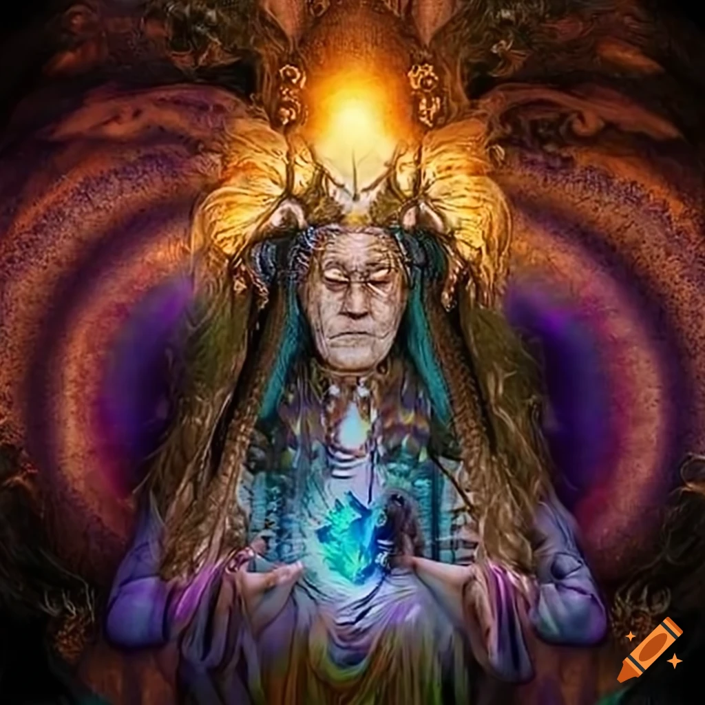 Artistic representation of a shaman in a mystical state on Craiyon