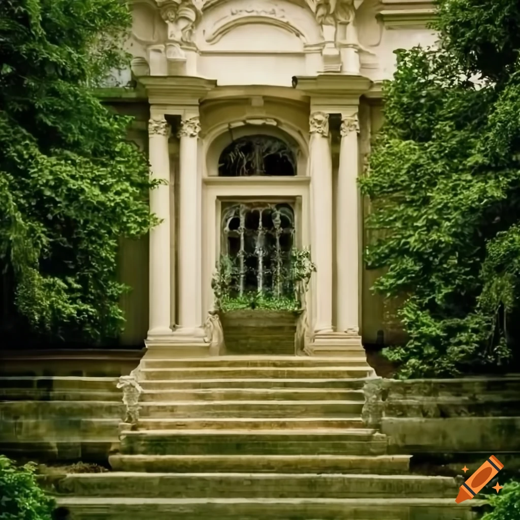 Rococo stucco entrance in a garden with a pond on Craiyon