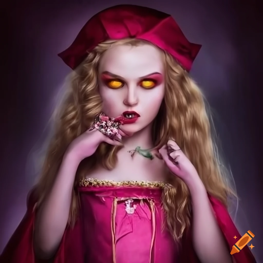 Art of a blonde vampire girl holding an apple on Craiyon