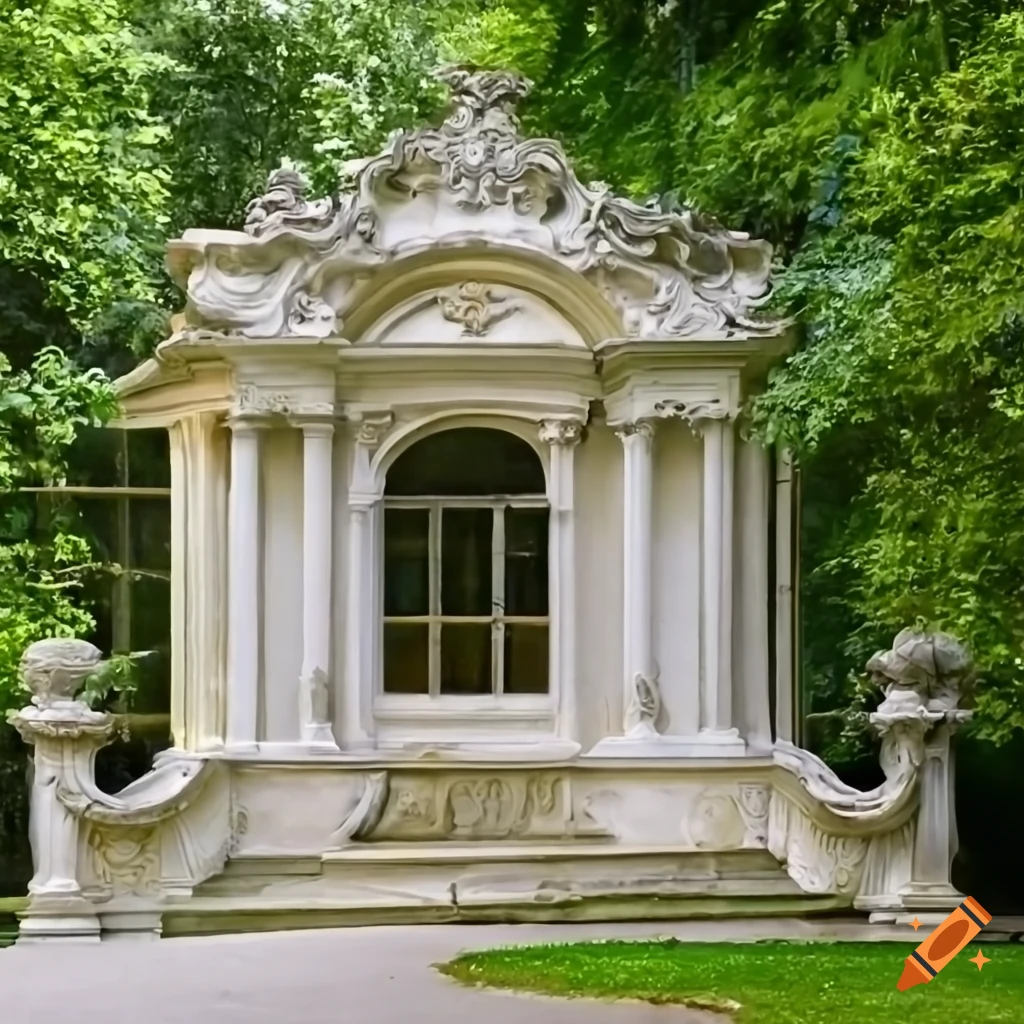 Stucco entrance in a leafy garden with a pond