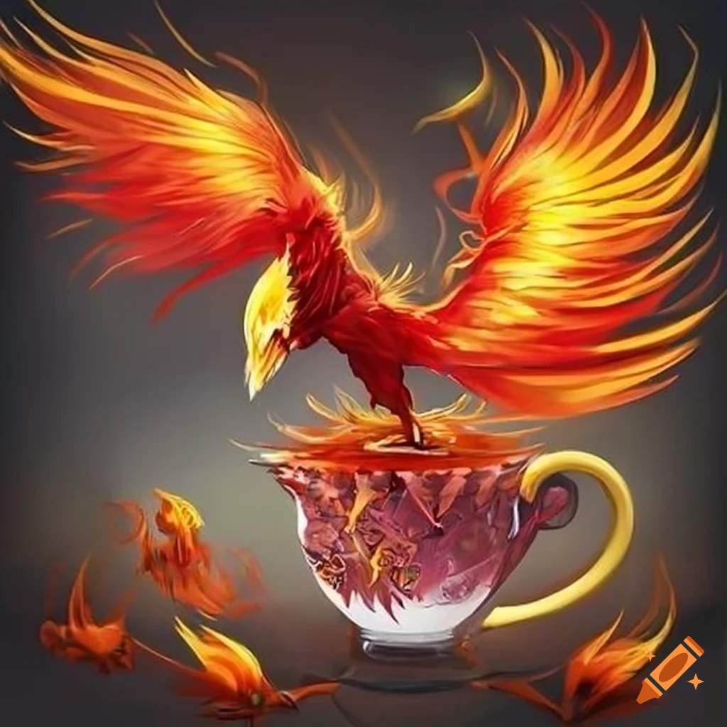 Conceptual art of a phoenix rising from a cup of tea on Craiyon