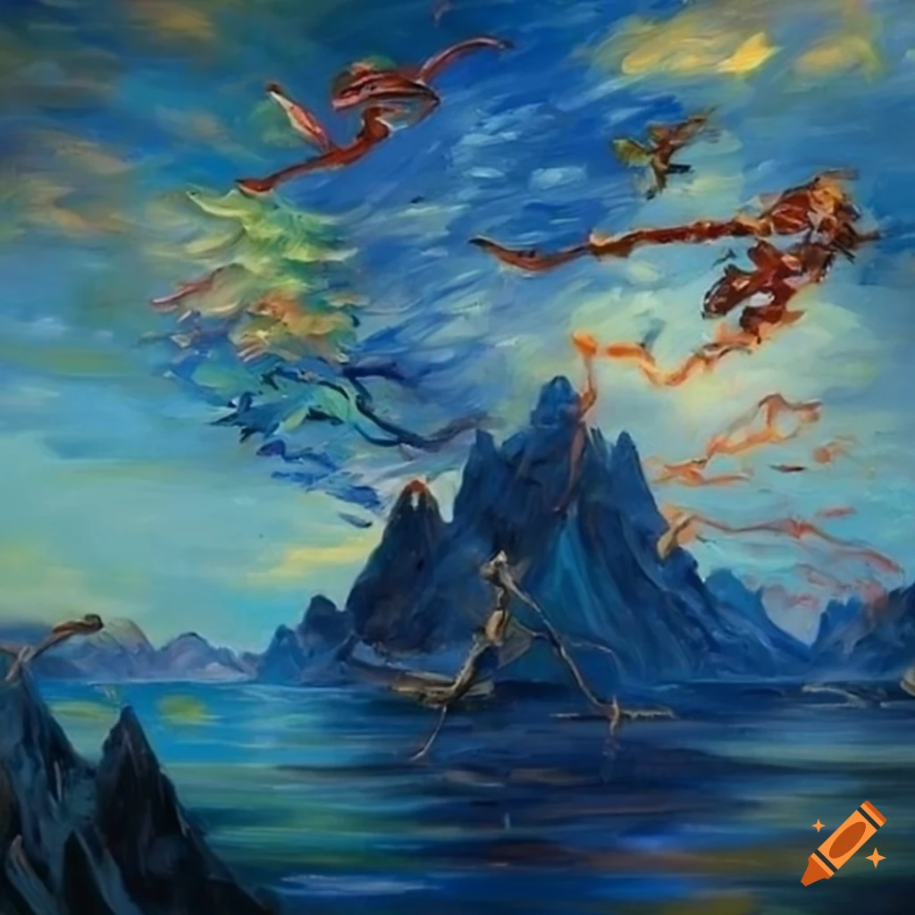 Impressionist painting of floating mountains and flying dragons on Craiyon