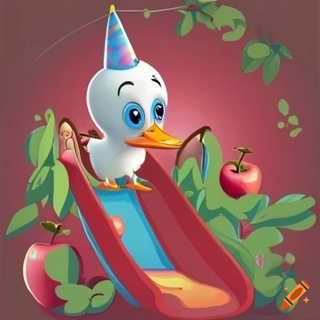 Cartoon duck and apples on a red slide on Craiyon