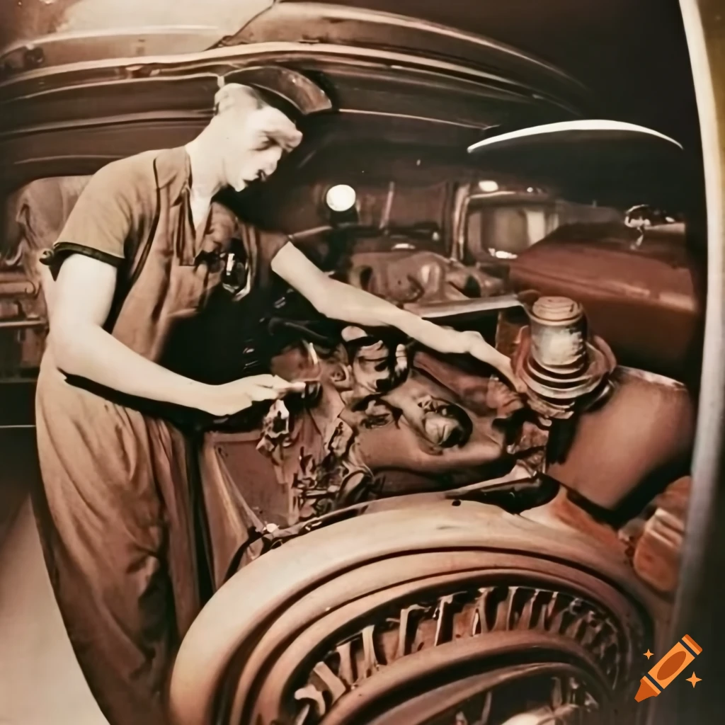 1940s mechanic repairing car engine in auto repair shop on Craiyon
