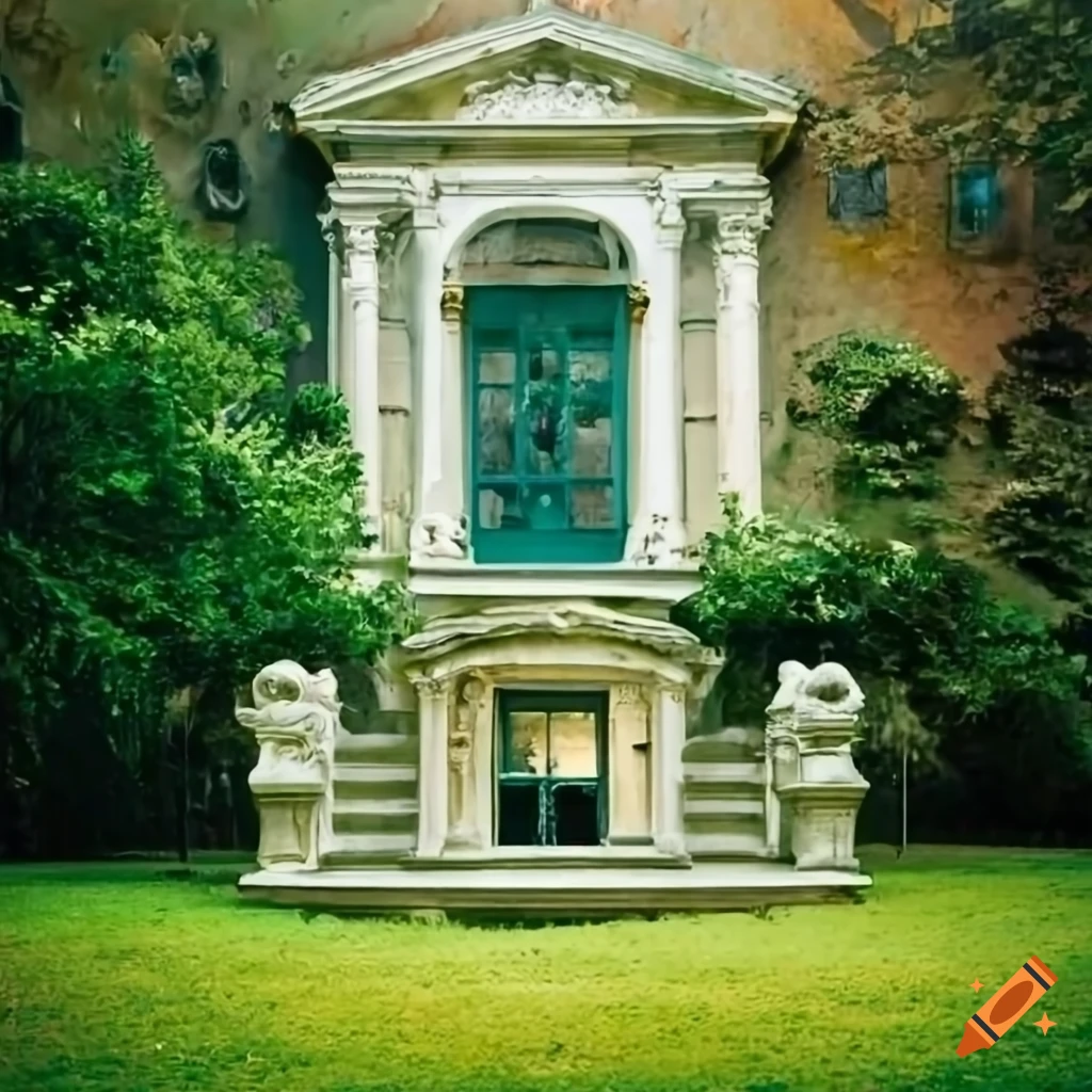 Rococo stucco entrance with garden and pond view on Craiyon