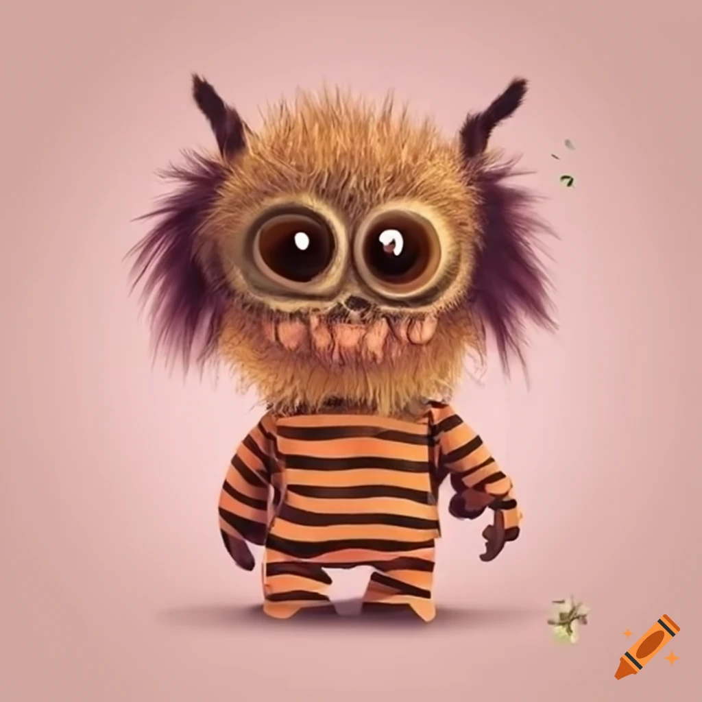 Cute hairy monster in a striped shirt