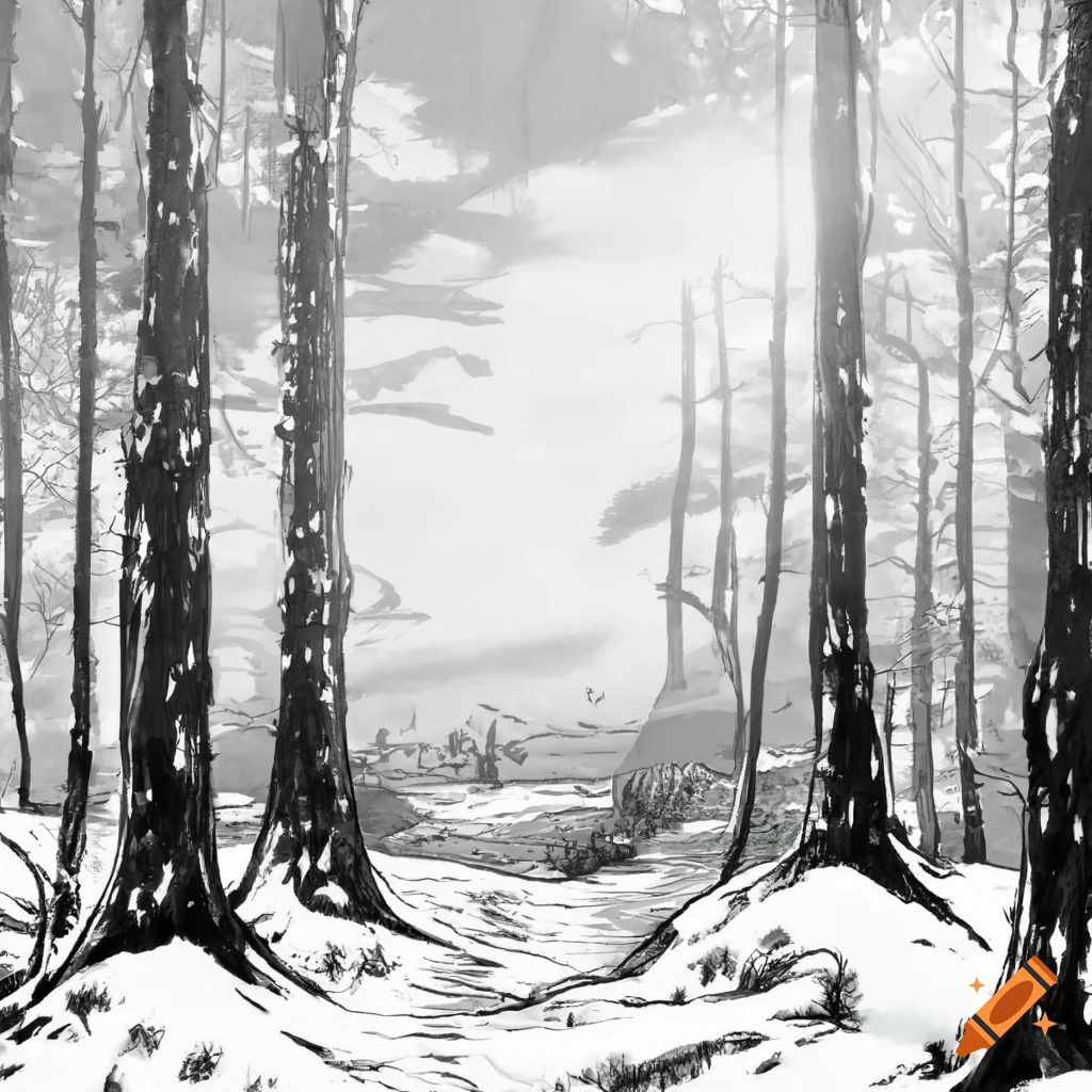 Snowy forest with sunlight and distant houses