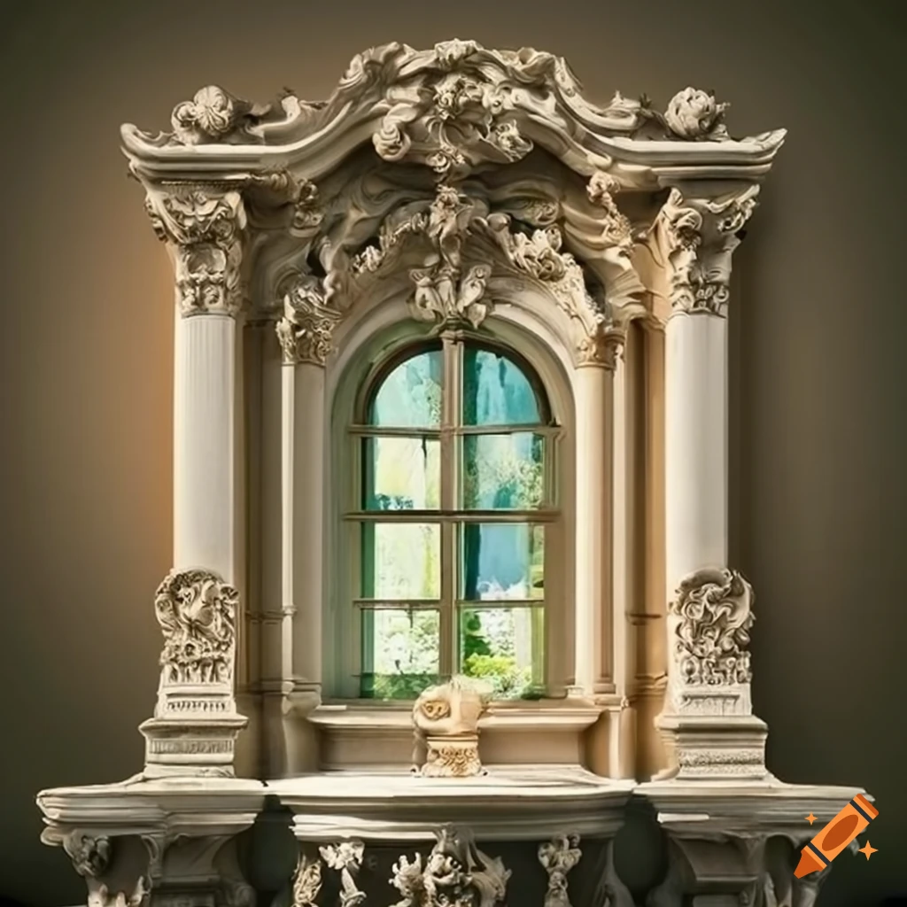 Rococo stucco entrance on a classical building with a garden on Craiyon