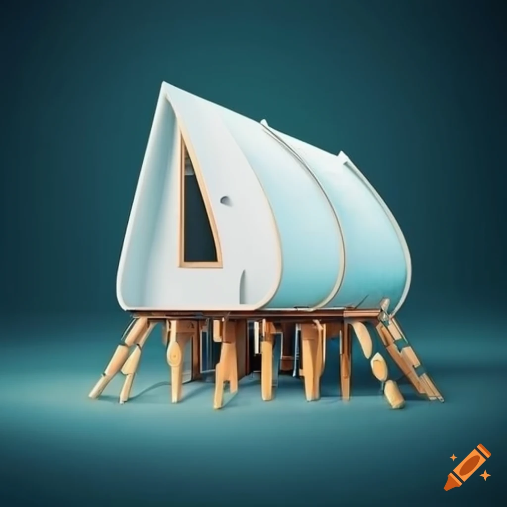 Minimalist technical drawing of a unique living pod with landing stilts ...