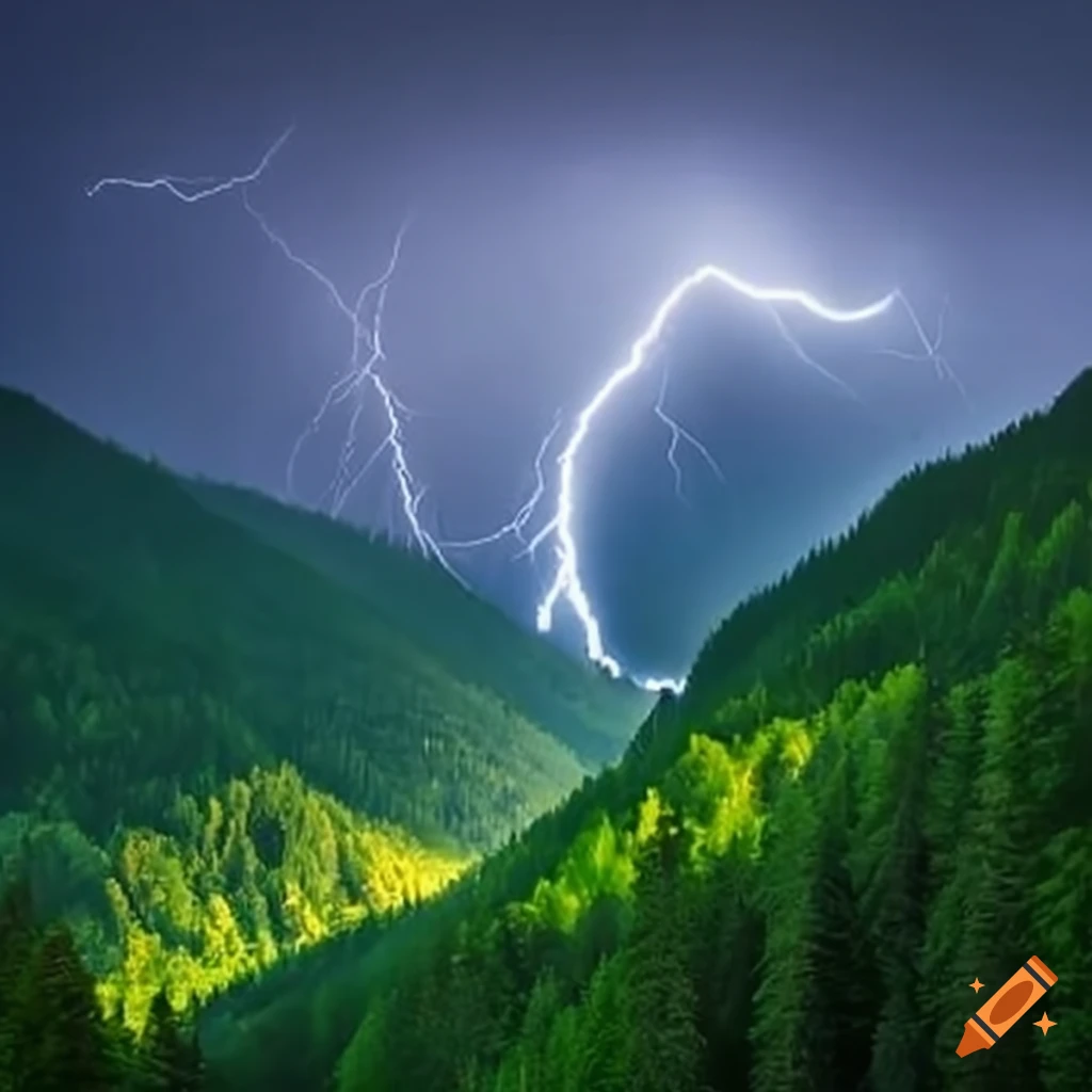 Lightning striking green mountains on Craiyon