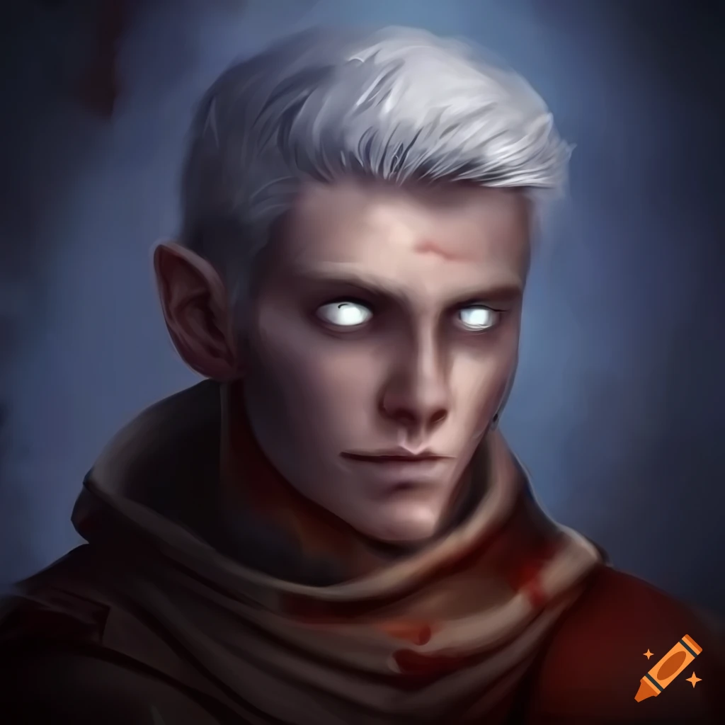 Portrait of a white male with glowing white eyes and scars on his face ...