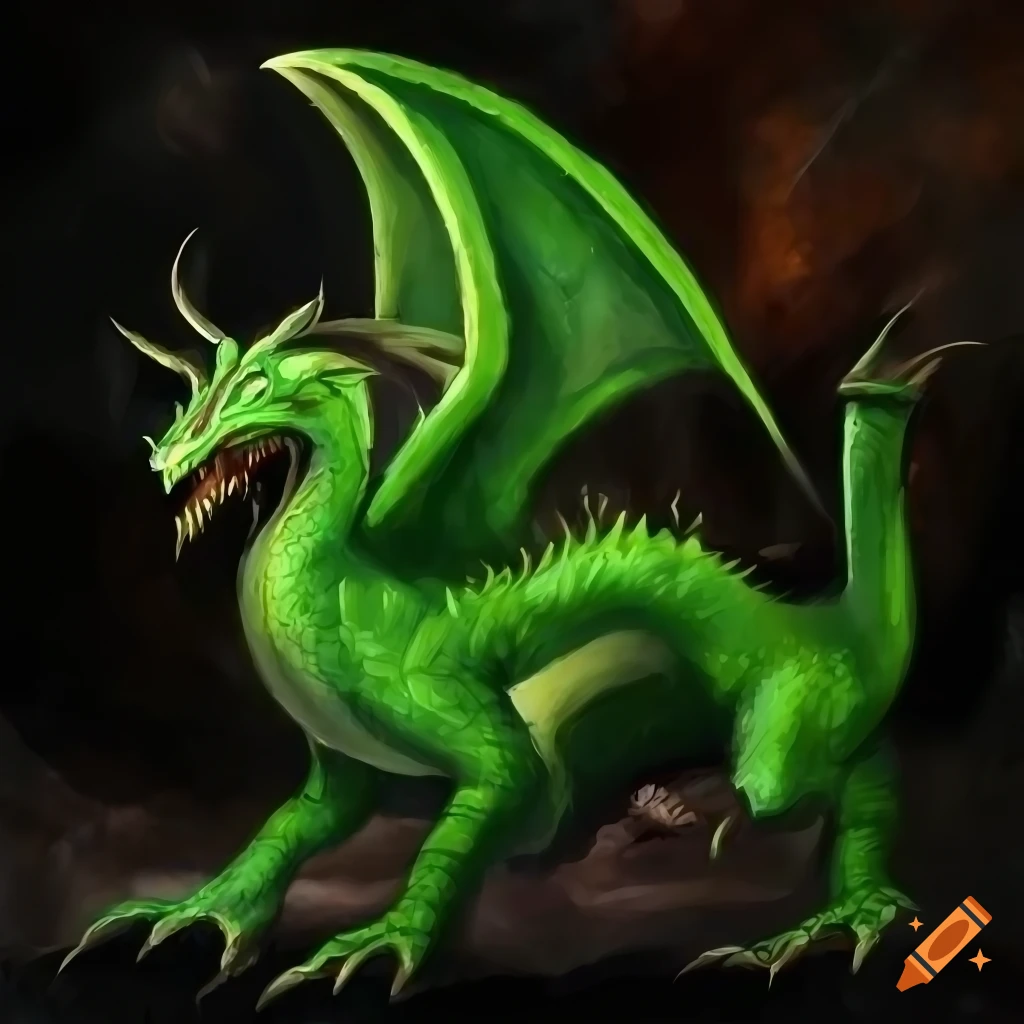 Detailed painting of a green monster with horns and wings on Craiyon