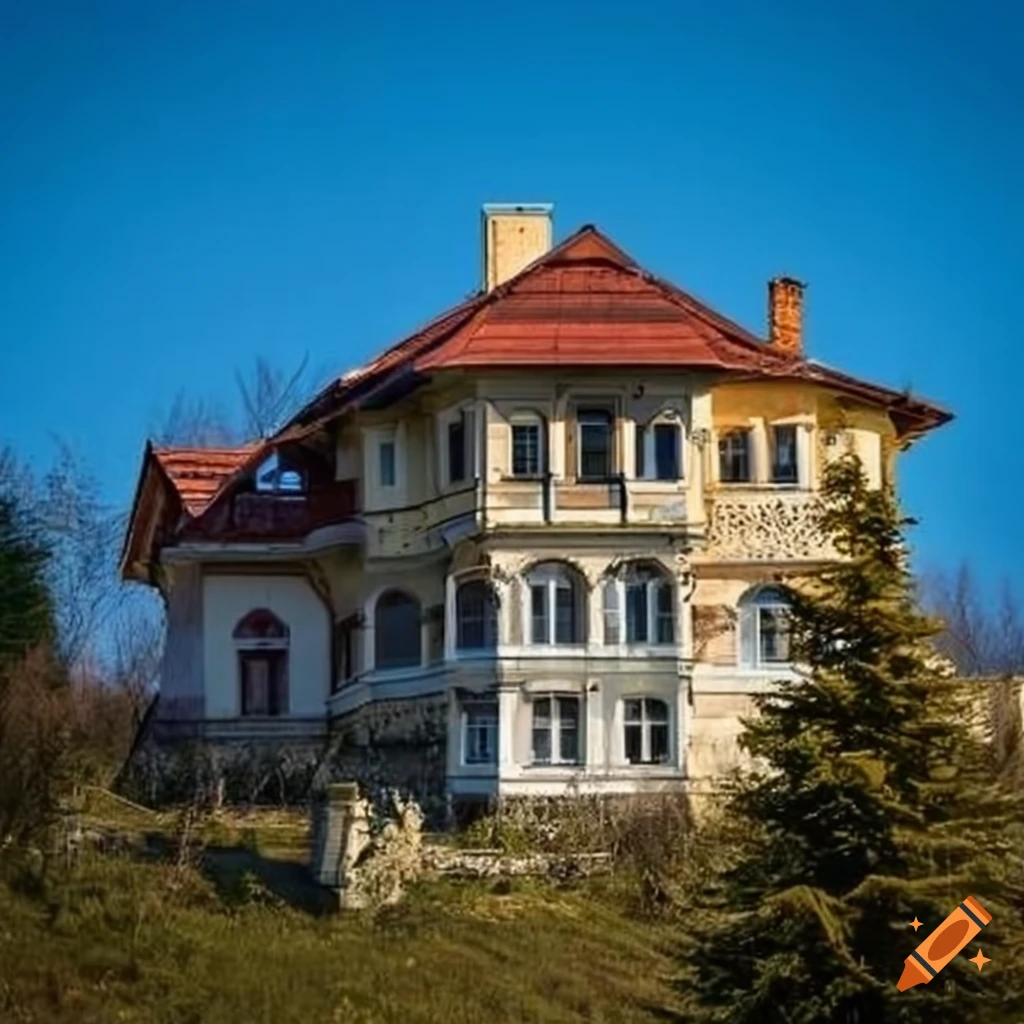 Neo-romanian style house on a mountaintop on Craiyon