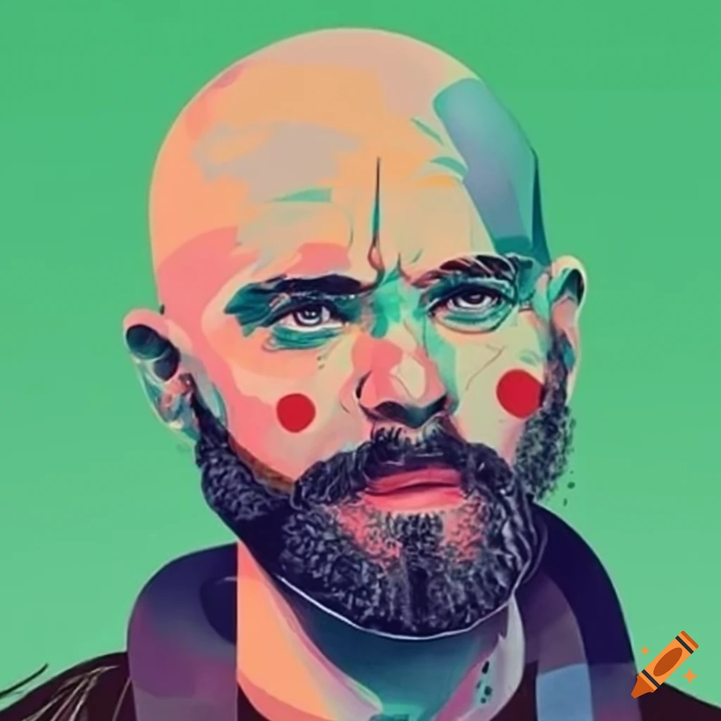 Bald, bearded, and tattooed writer illustration on Craiyon