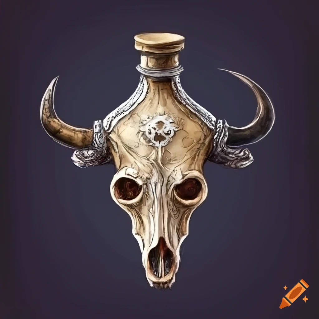 Ornate art deco potion bottle with cow skull on Craiyon