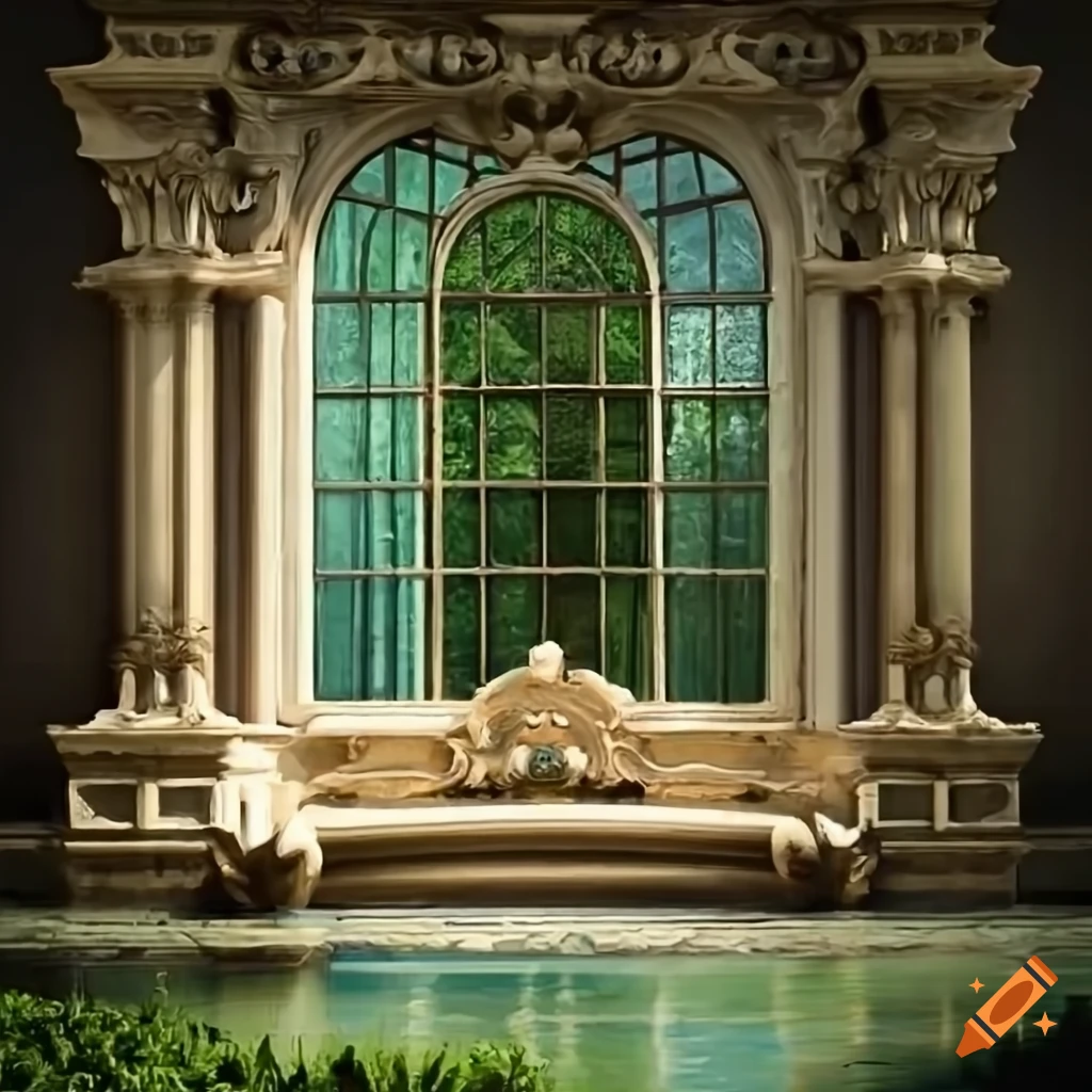 Rococo stucco entrance on classical building with garden on Craiyon