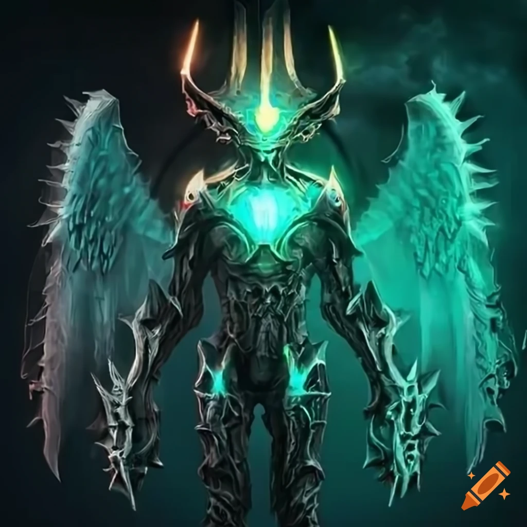 Illustration of a cybernetic alien knight with energy wings and sword