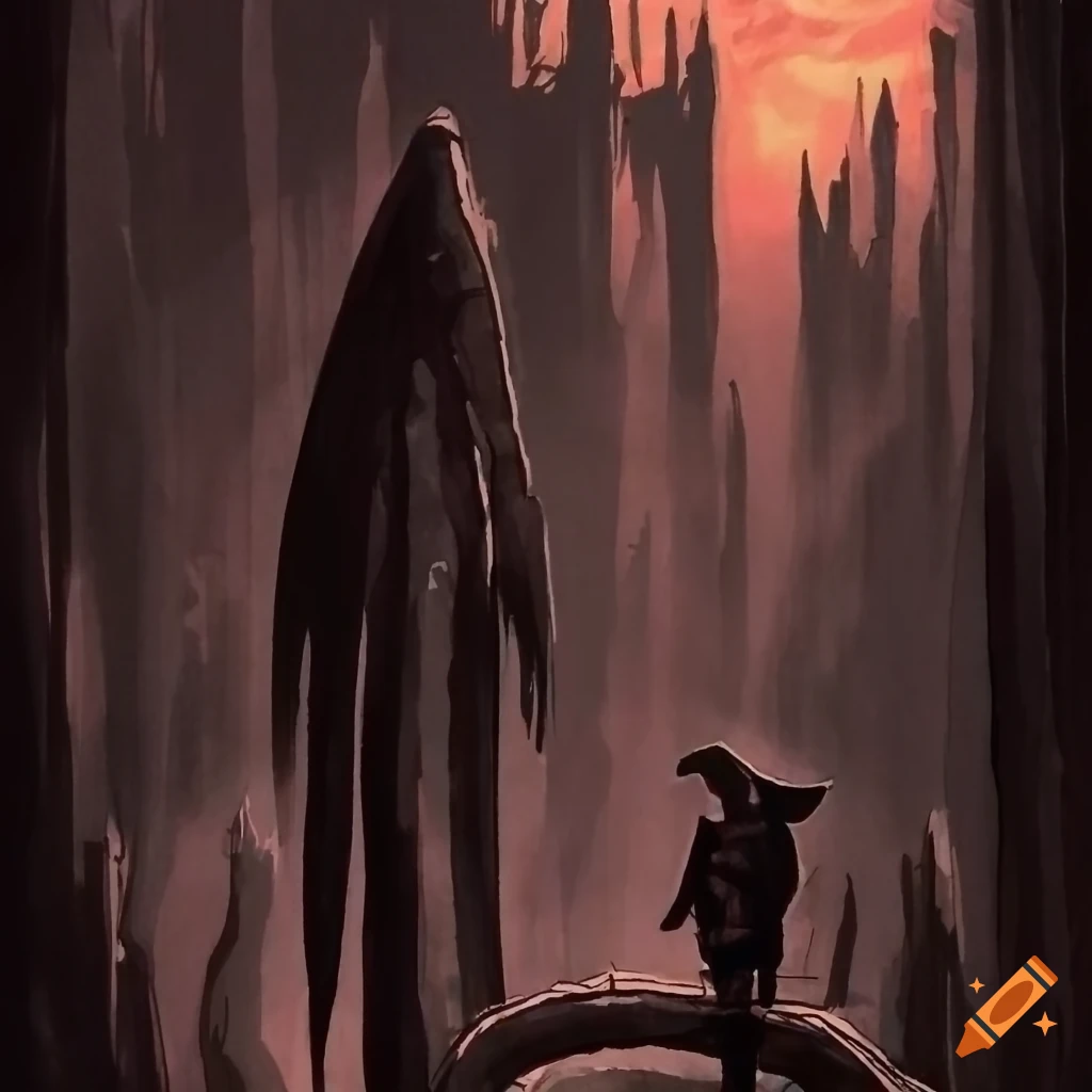 Creepy ink drawing of a man facing a wyrm