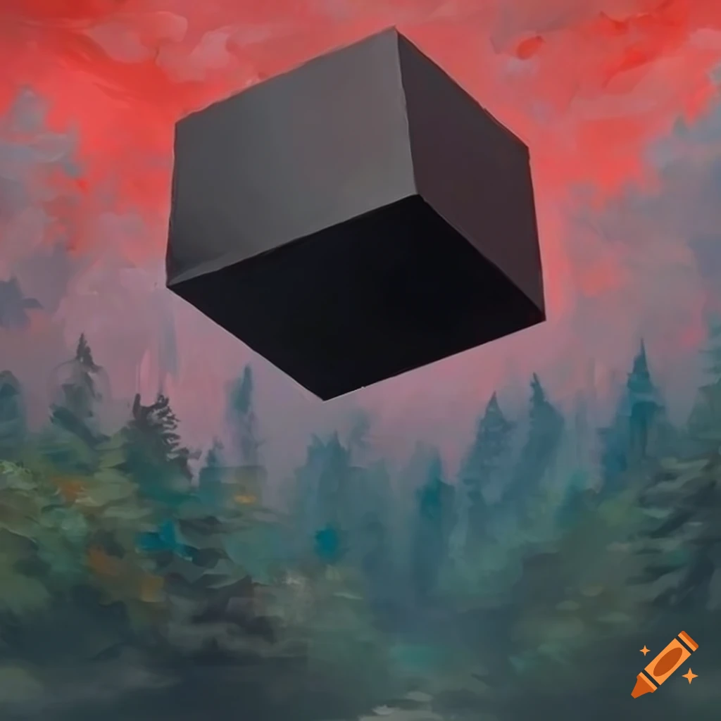 Surreal painting of a floating black cube above a red sky forest