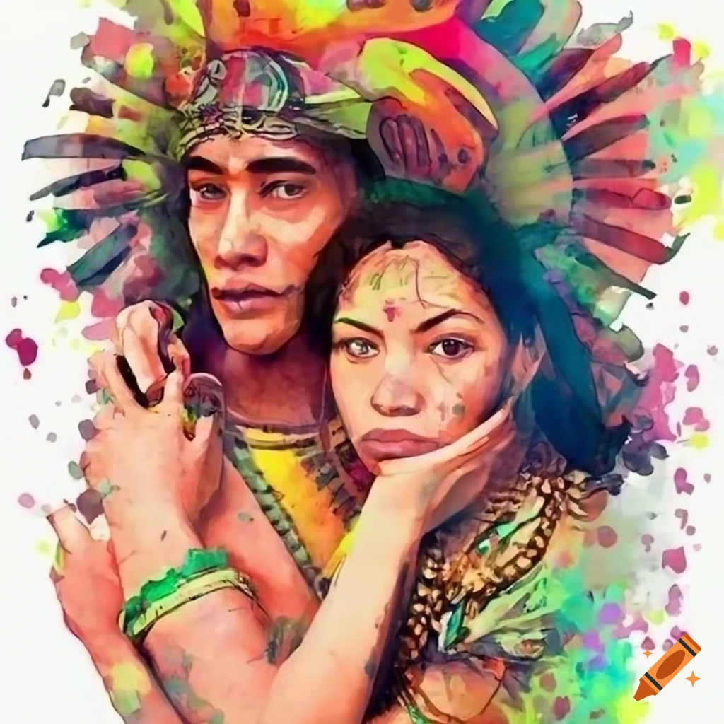 Watercolor painting of a man holding a woman from the mayan tribe on ...
