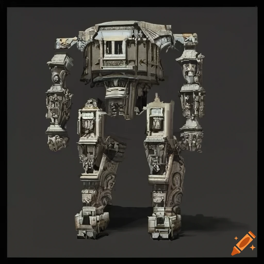 Digital rendering of a steampunk mech in an ancient roman cityscape